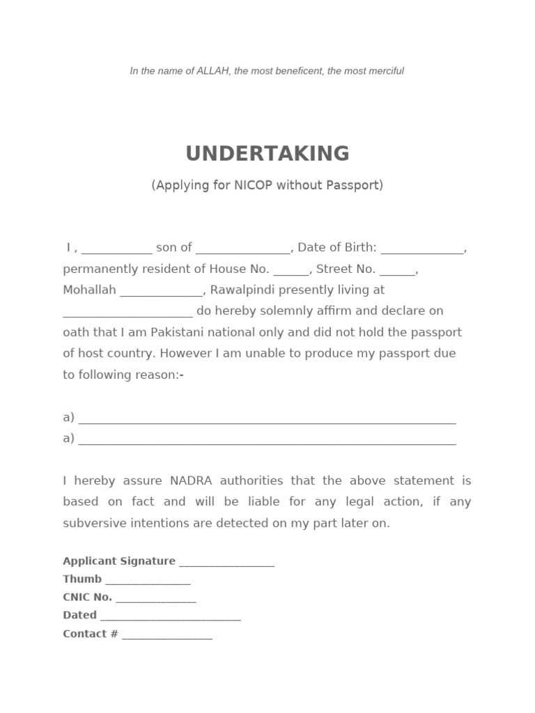NICOP applying without Passport Affidavit NADRA format (english) | PDF
