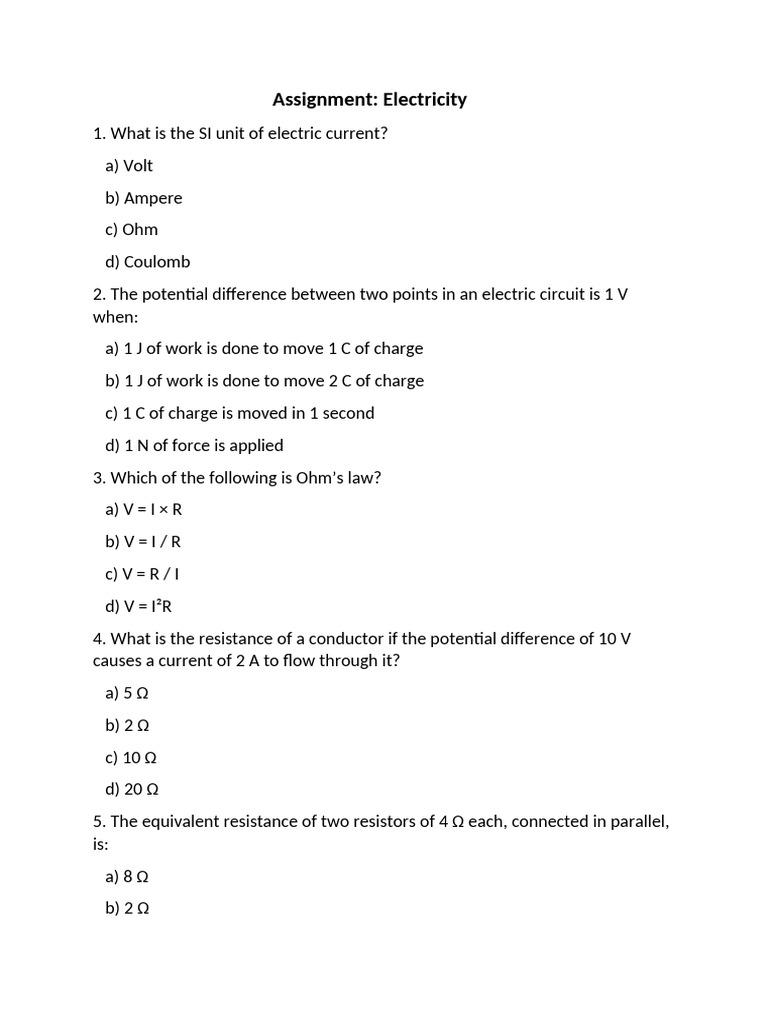 Class 10 Electricity Assignment Questions | PDF | Electrical Resistance ...