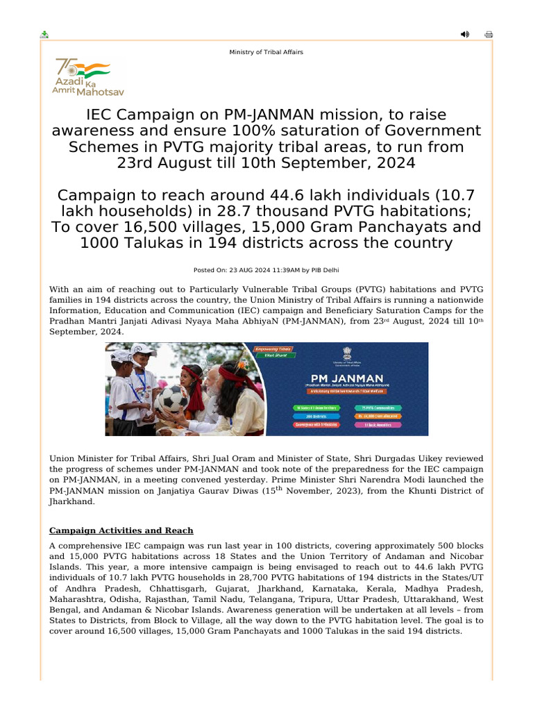 IEC Campaign On PM JANMAN Mission To Raise Awareness and Ensure | PDF ...