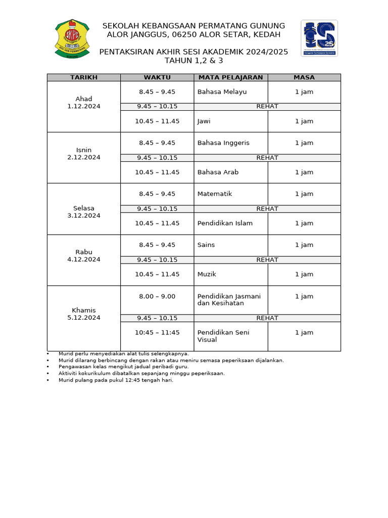 JADUAL UJIAN AKHIR SESI AKADEMIK 2024 - 2025 (Tahap1) | PDF