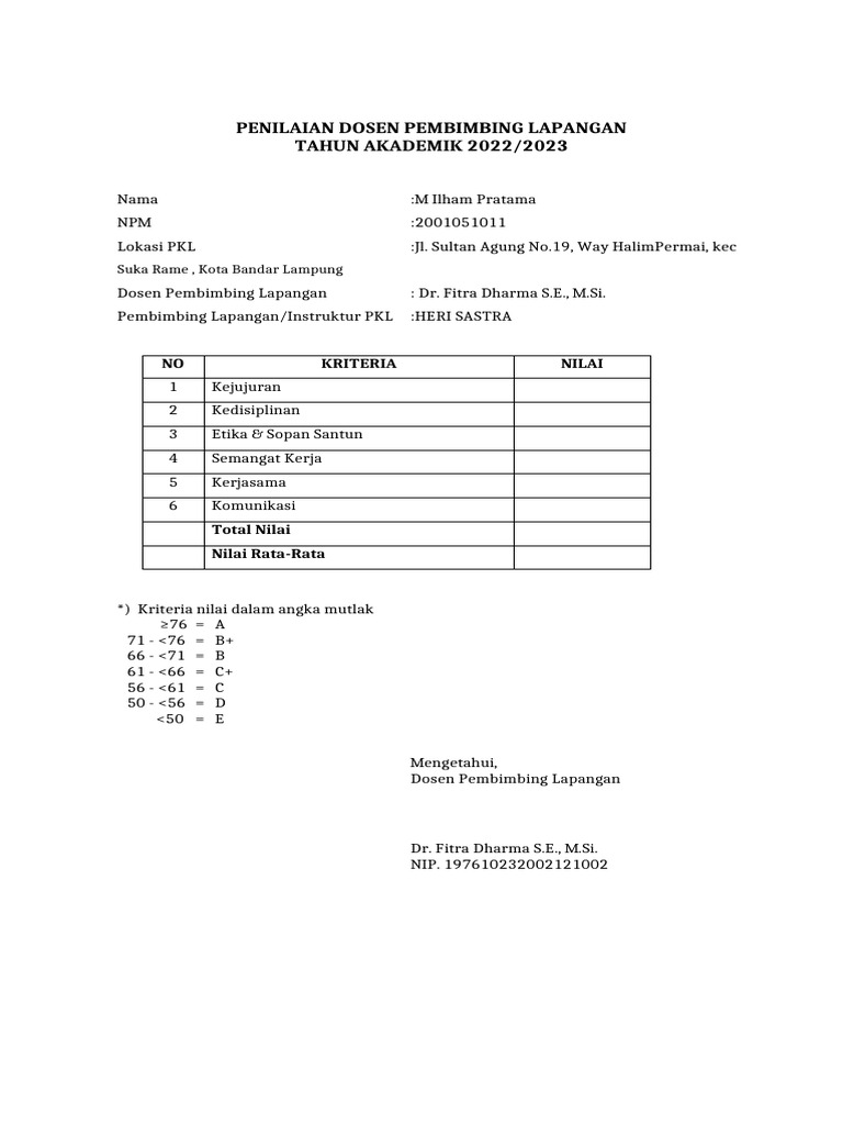 Form Penilaian DPL 1 | PDF