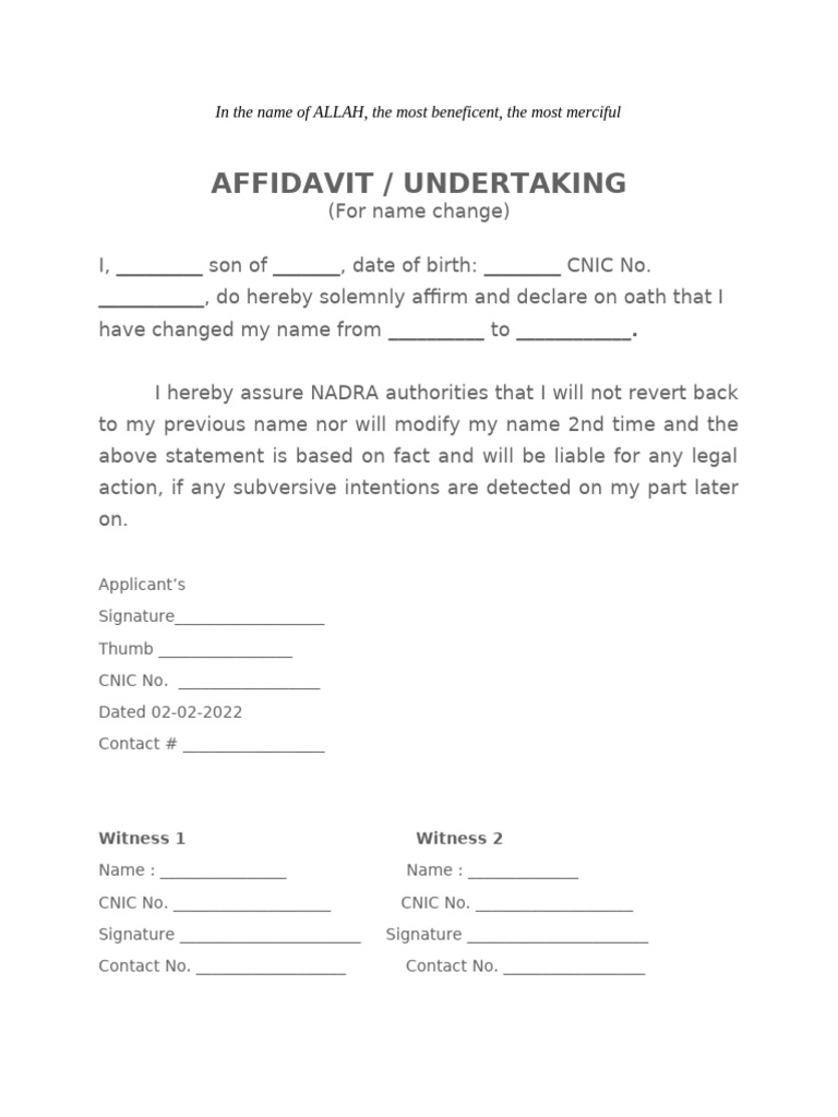NADRA Name Change Affidavit Format | PDF