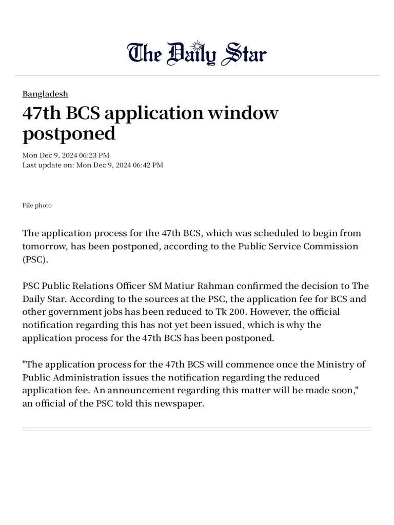 47th BCS Application Window Postponed - The Daily Star | PDF