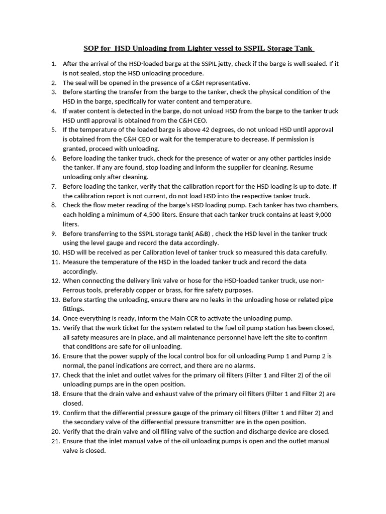 SOP For HSD Unloading | PDF | Valve | Pump
