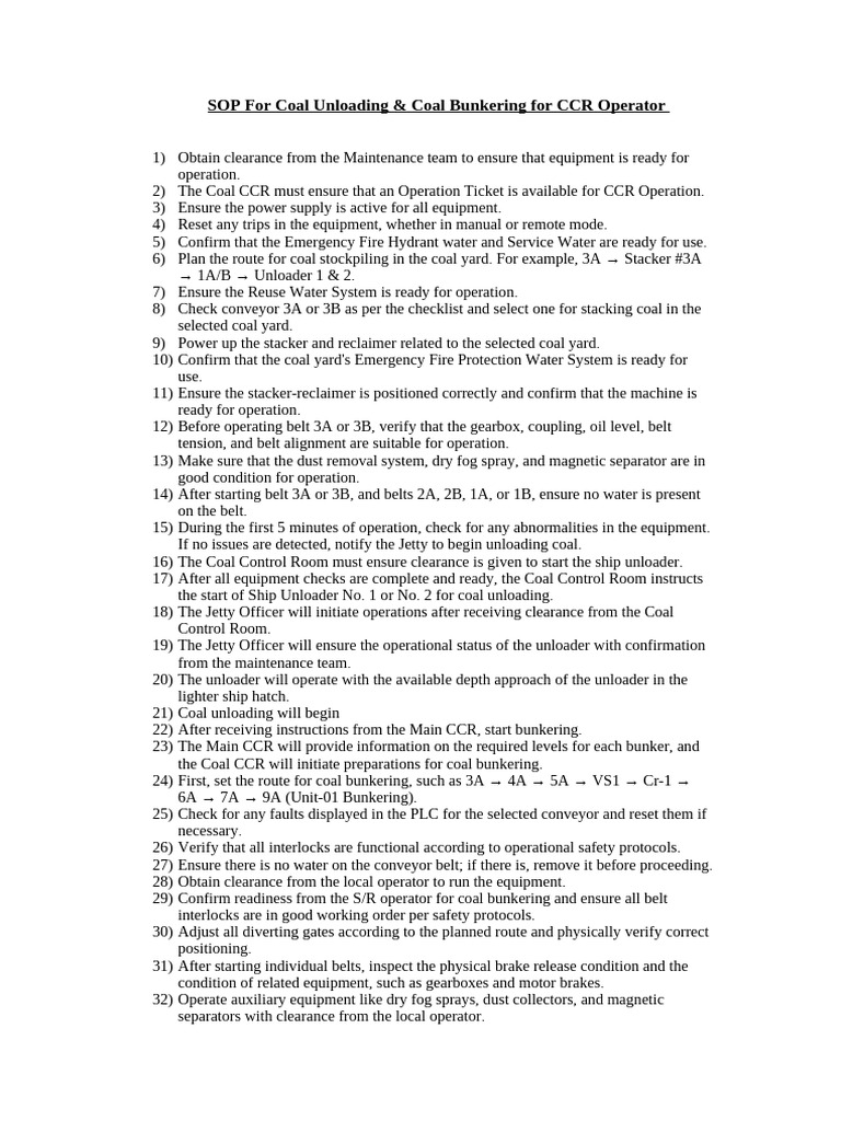Sop of Coal Unloading & Bunkering For Coal CCR | PDF