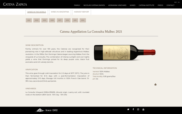 Catena Appellation La Consulta Malbec 2021 - Bodega Catena Zapata Tech Sheet | PDF
