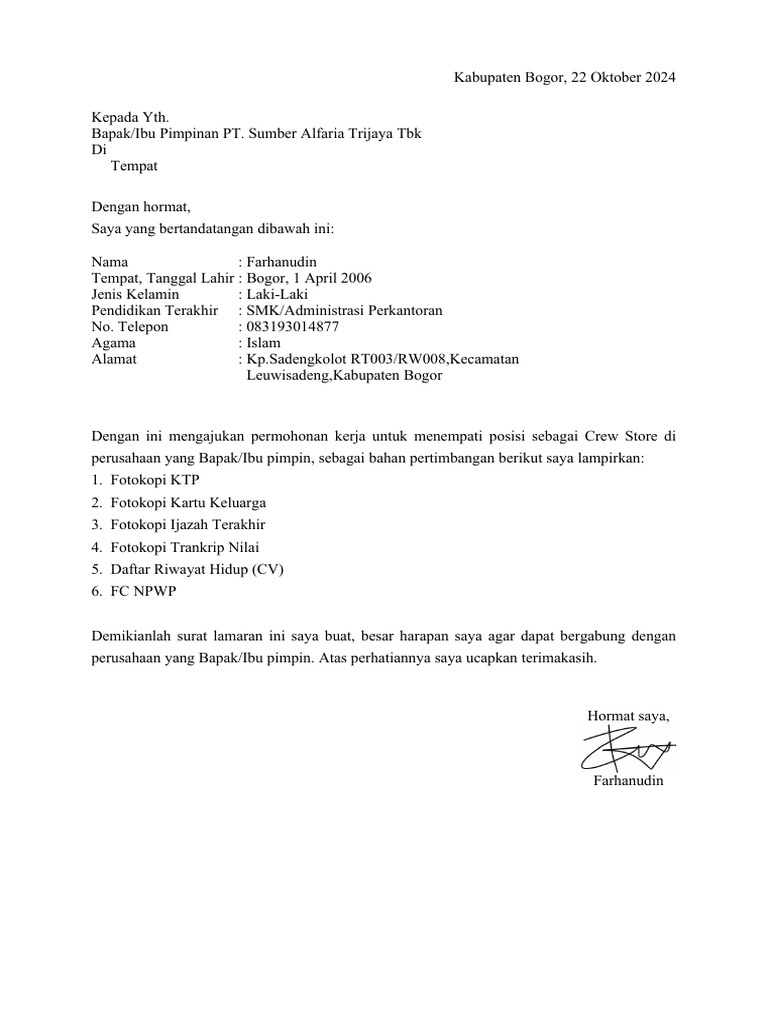 Surat Lamaran Farhan | PDF