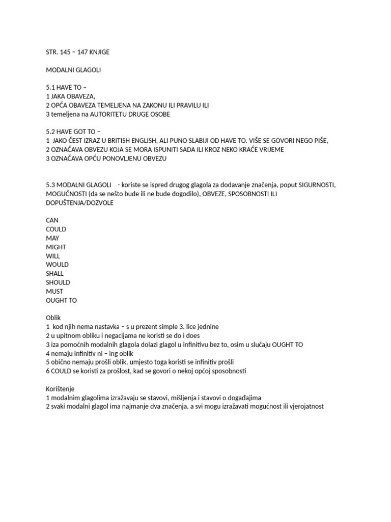 MODALNI GLAGOLI HRV 1 Razred Srednje | PDF