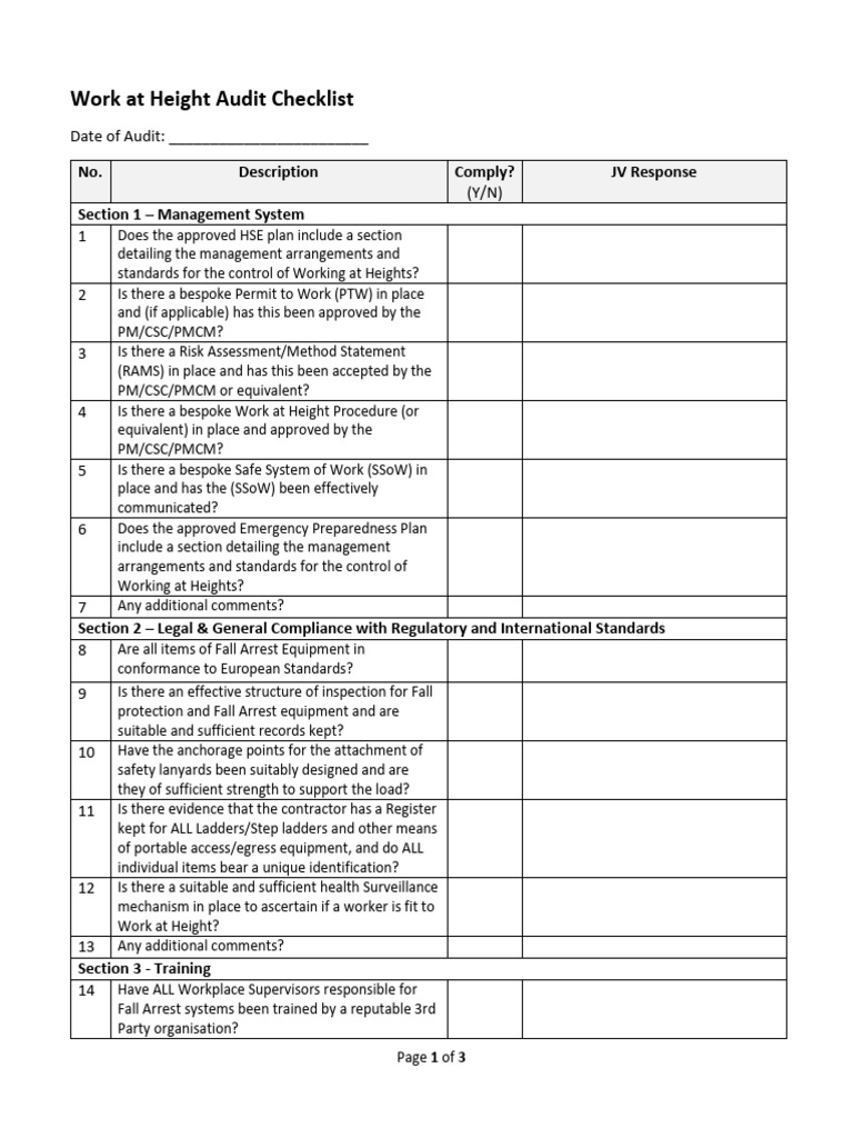 Work at Height Audit Checklist - Final | PDF | Scaffolding | Audit