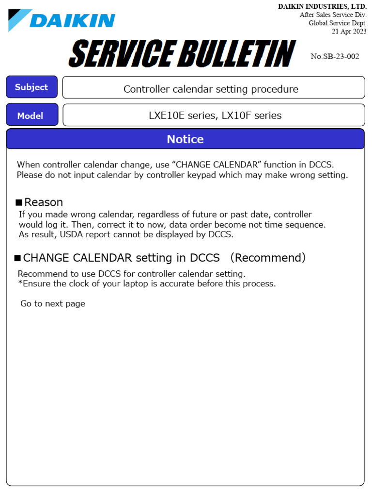 SB-23-002 - Controller Calendar Setting Procedure | PDF