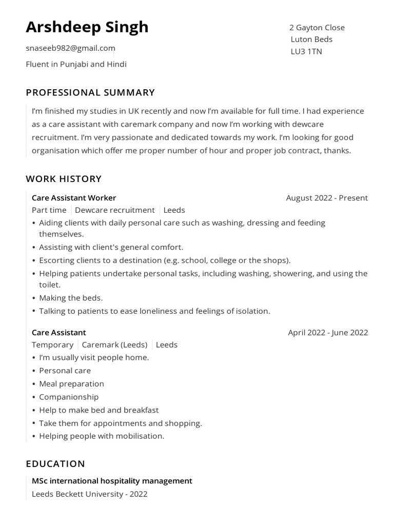 Punjabi-Hindi Care Assistant Resume | PDF
