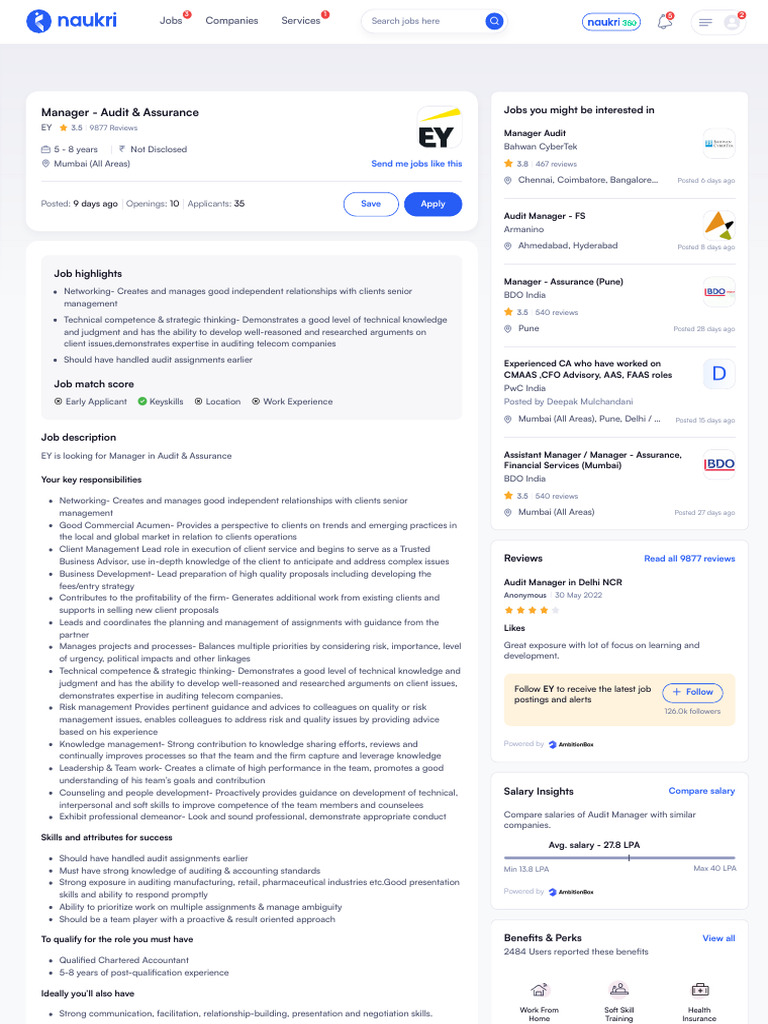 Audit Manager Position at EY Mumbai | PDF | Audit | Internal Audit