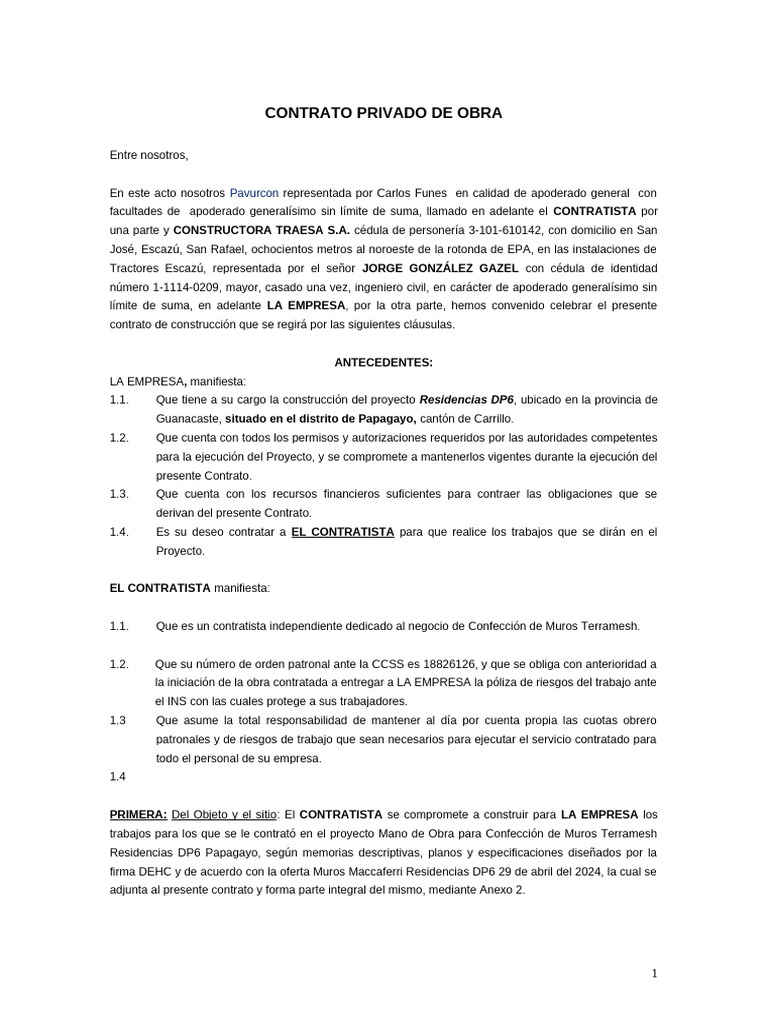 Contrato de Construcción Residencias DP6 | PDF | Póliza de seguros | Contratista general
