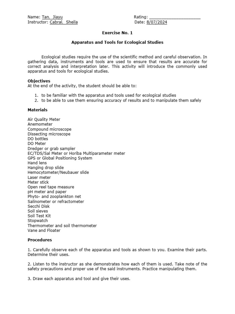 Exercise No.1 Apparatus and Tools in Ecology Tan | PDF | Water | Soil