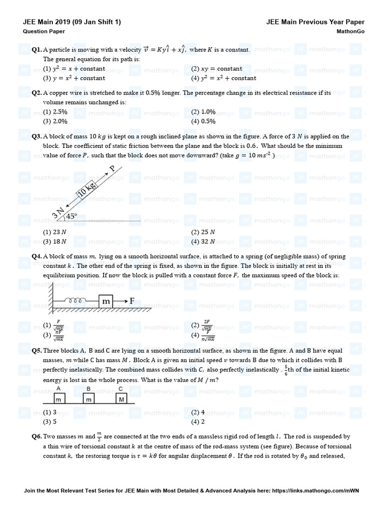 JEE Main 2019 Physics Questions and Solutions | PDF | Gases | Force