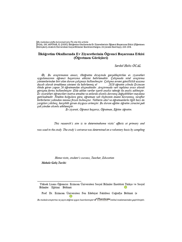 LK Retim Okullar Nda Ev Ziyaretlerinin Renci Ba Ar S Na Etkisi (Retmen ...
