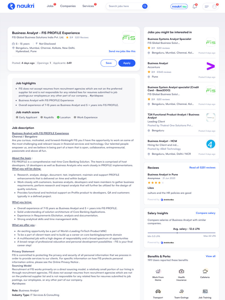 Business Analyst - FIS PROFILE Experience - Chennai,Pune,Delhi,Mumbai ...