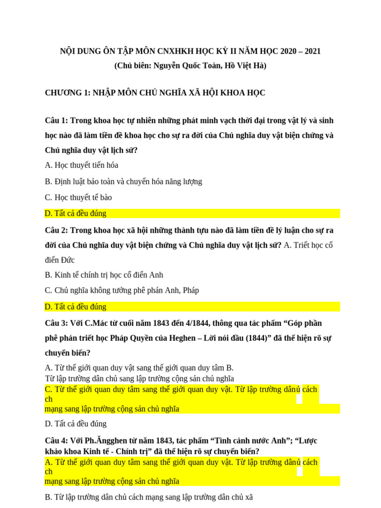 Trac Nghiem Va Dap An Chu Nghia Xa Hoi Khoa Hoc | PDF