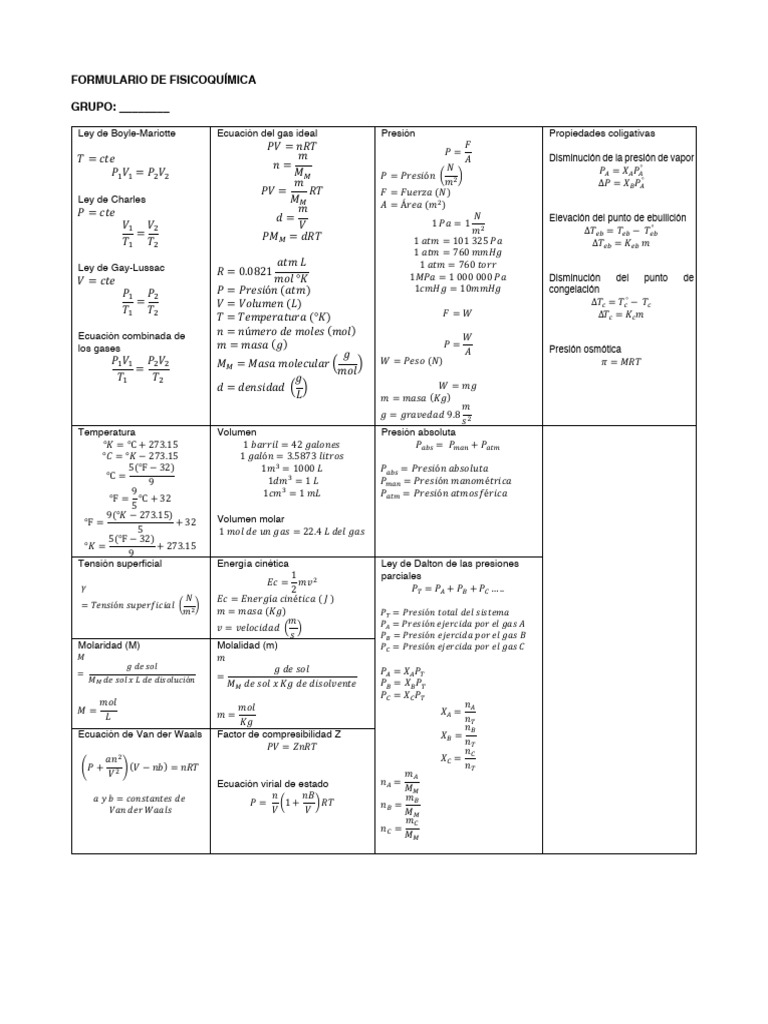 Formulario de FQ | PDF | Termodinámica | Ingeniería mecánica