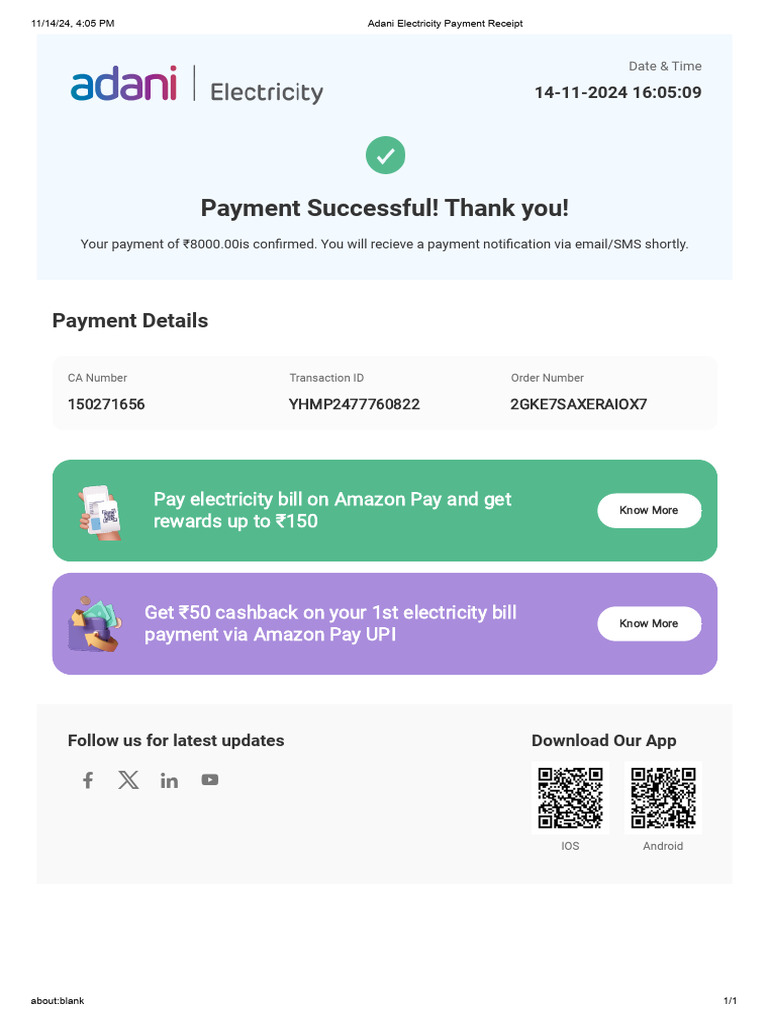 Adani Electricity Bill Payment Receipt | PDF