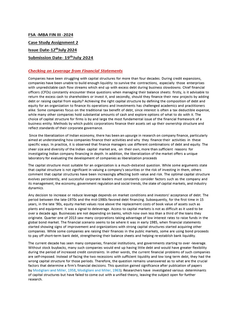 Case Study - Assignment 2-Leverage Analysis FSA MBA III 10 Marks | PDF | Capital Structure ...