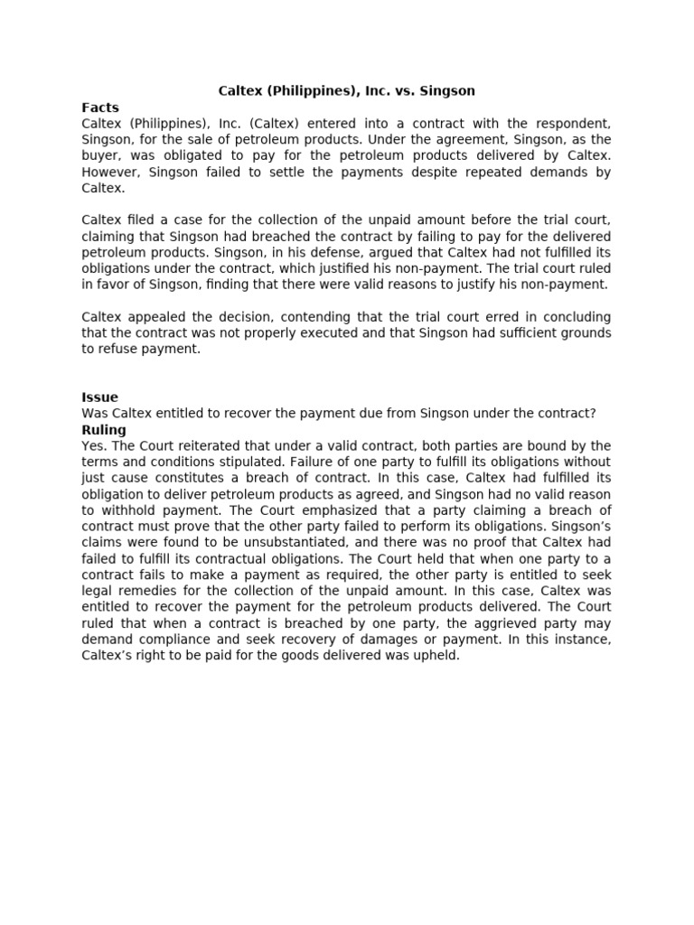 Caltex vs. Singson: Contract Breach Ruling | PDF