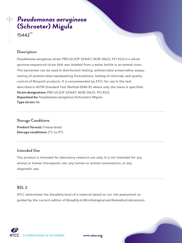 Product Sheet - Pseudomonas Aeruginosa (Schroeter) Migula | PDF | Atcc ...