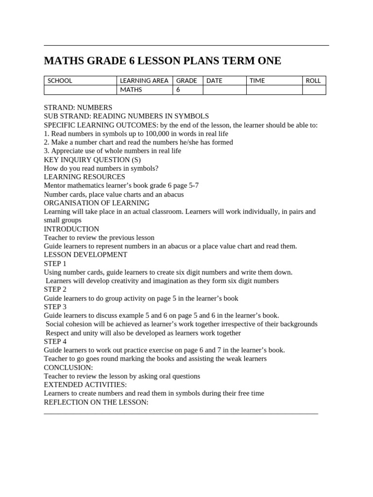 Math Grade 6 Lesson Plans Term One | PDF | Mentorship | Learning