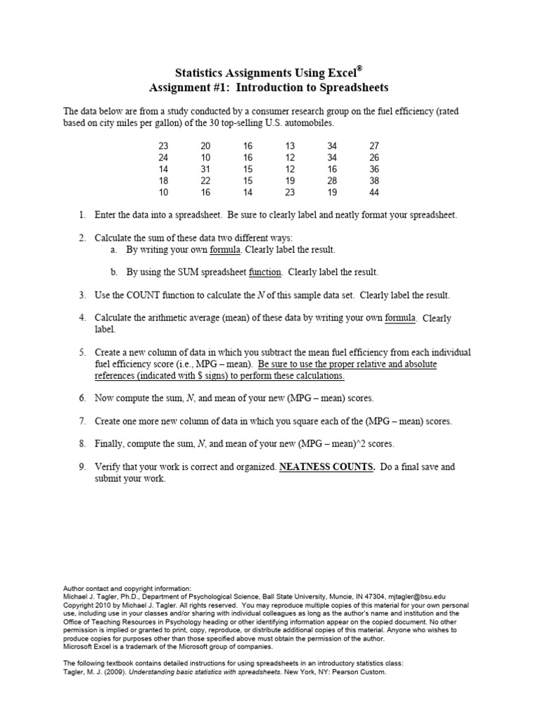 Excel Spreadsheet Assignment Guide | PDF | Spreadsheet | Mean