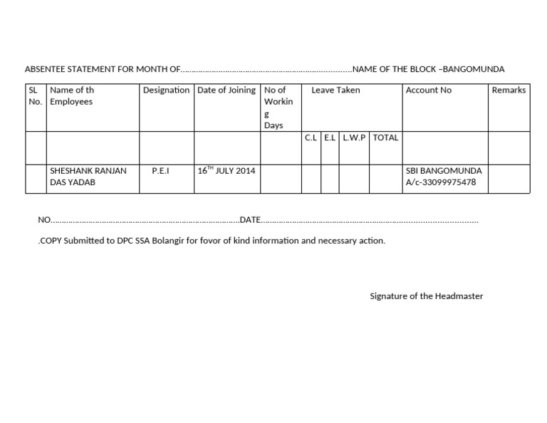 Absentee Statement For Month of | PDF