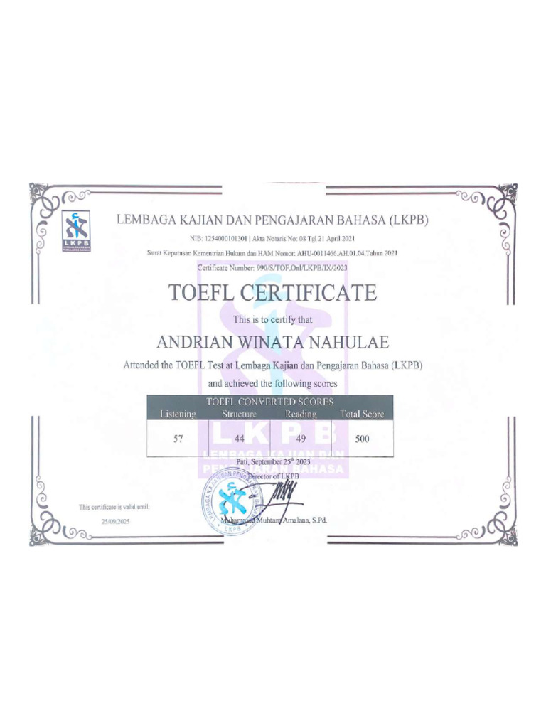 TOEFL Certificate - Compressed | PDF