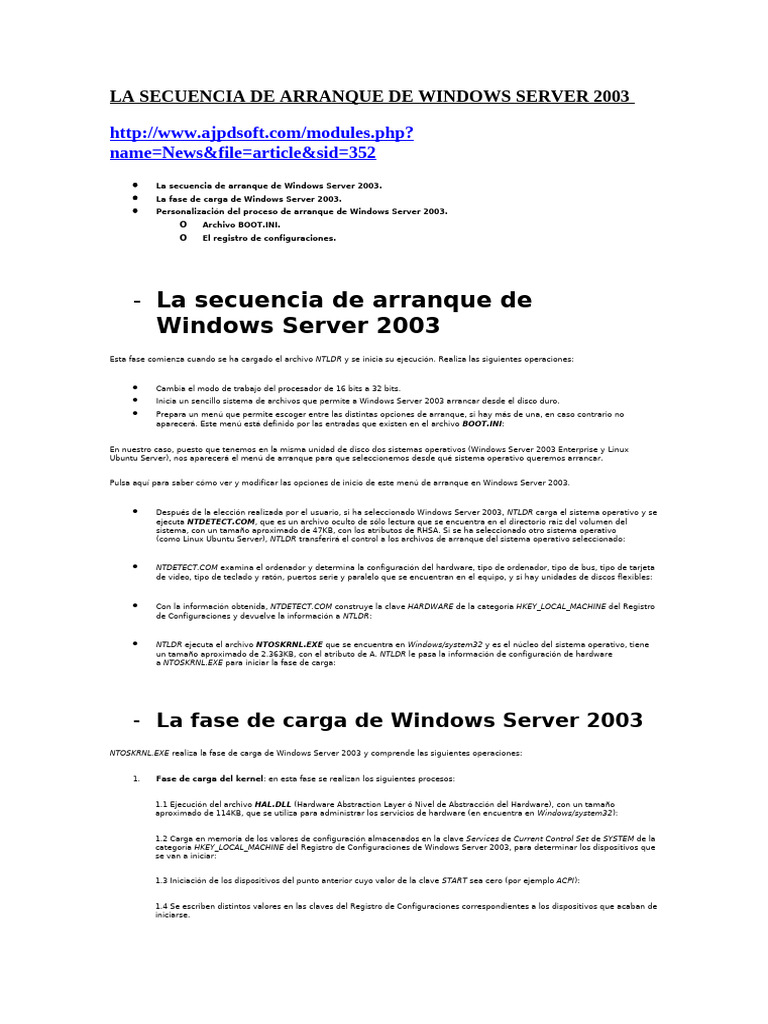 La Secuencia de Arranque de Windows Server 2003 | PDF | Arranque | Archivo de computadora