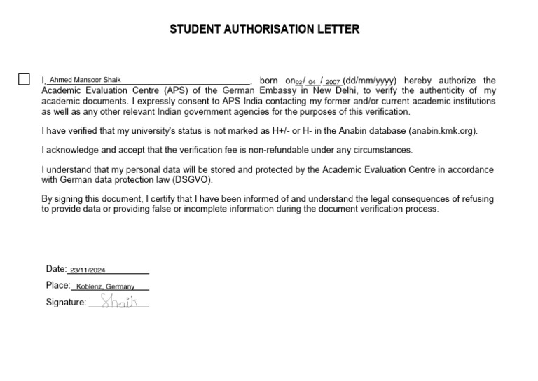 Student Authorisation Letter | PDF