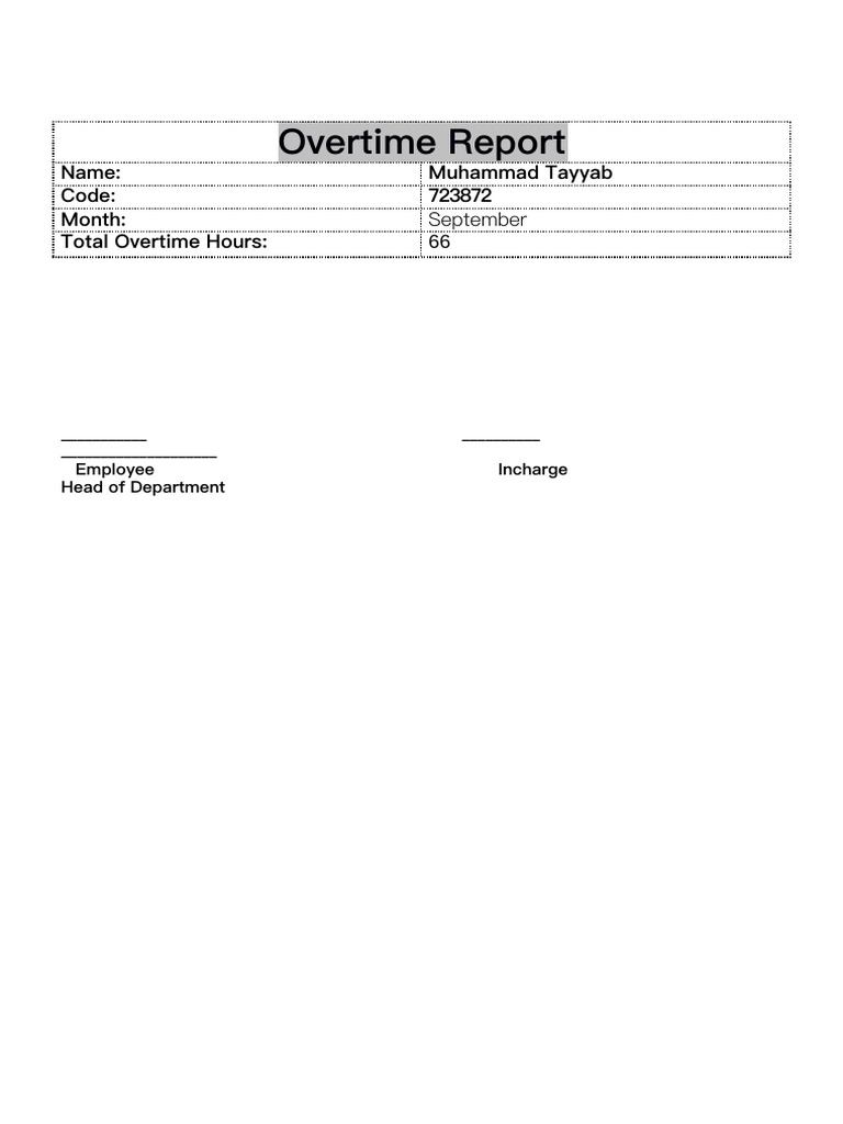 Overtime Report: Name: Muhammad Tayyab Code: 723872 Month: Total ...