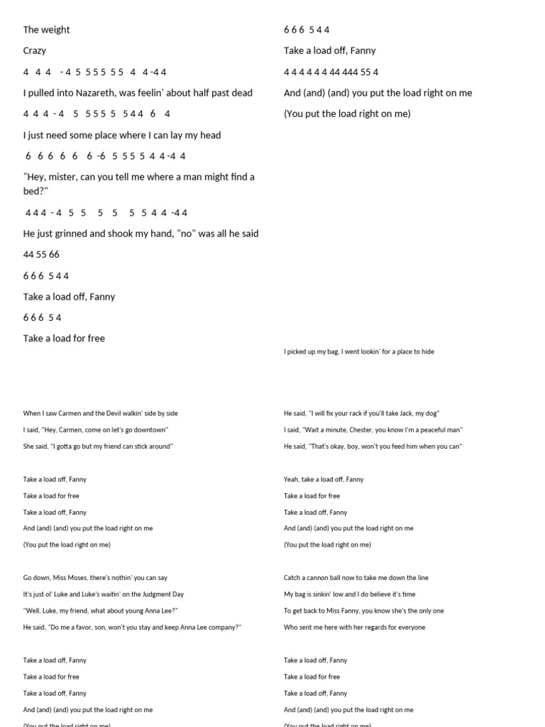 "Take a Load Off Fanny Lyrics" | PDF
