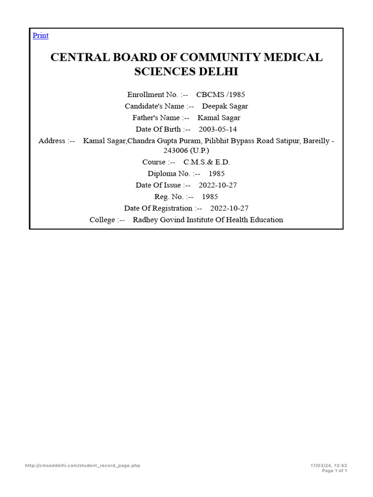 DEEPAK SAGAR - 1985' Record - All India Naturopathic Yoga Council | PDF