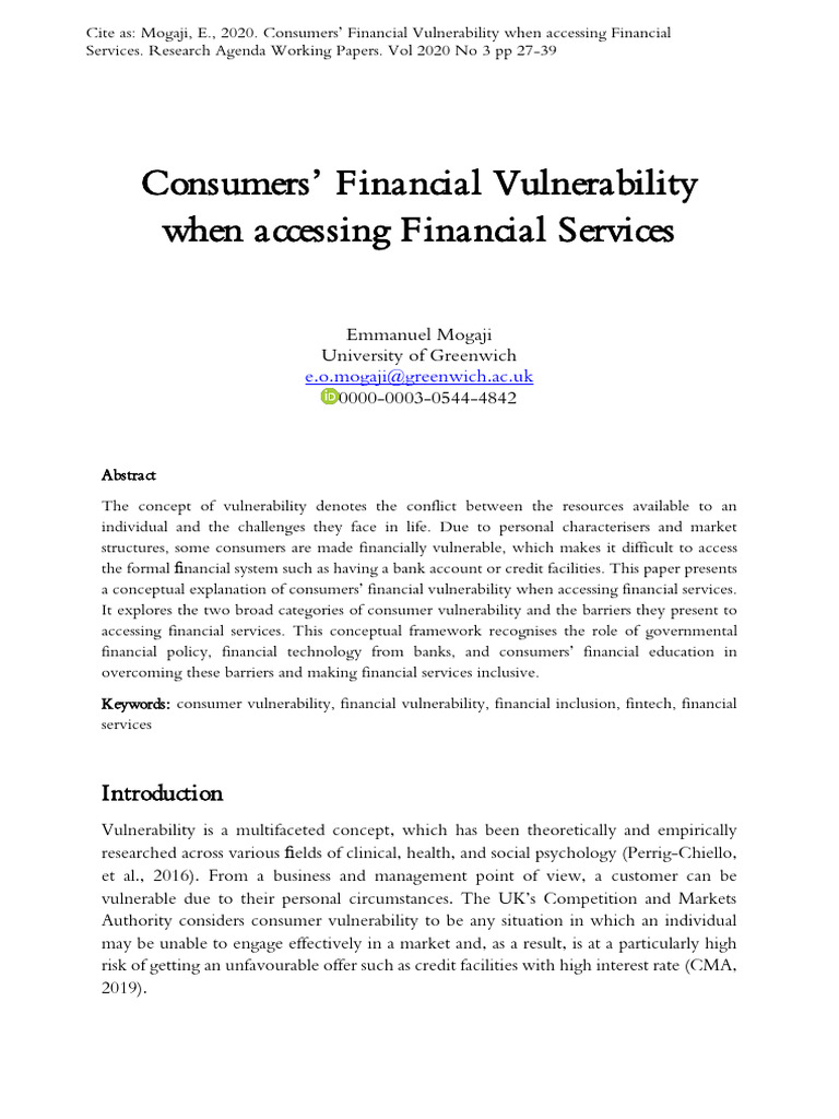 27968 MOGAJI Consumers Financial Vulnerability When Accessing Financial Services (Pub) 2020 ...