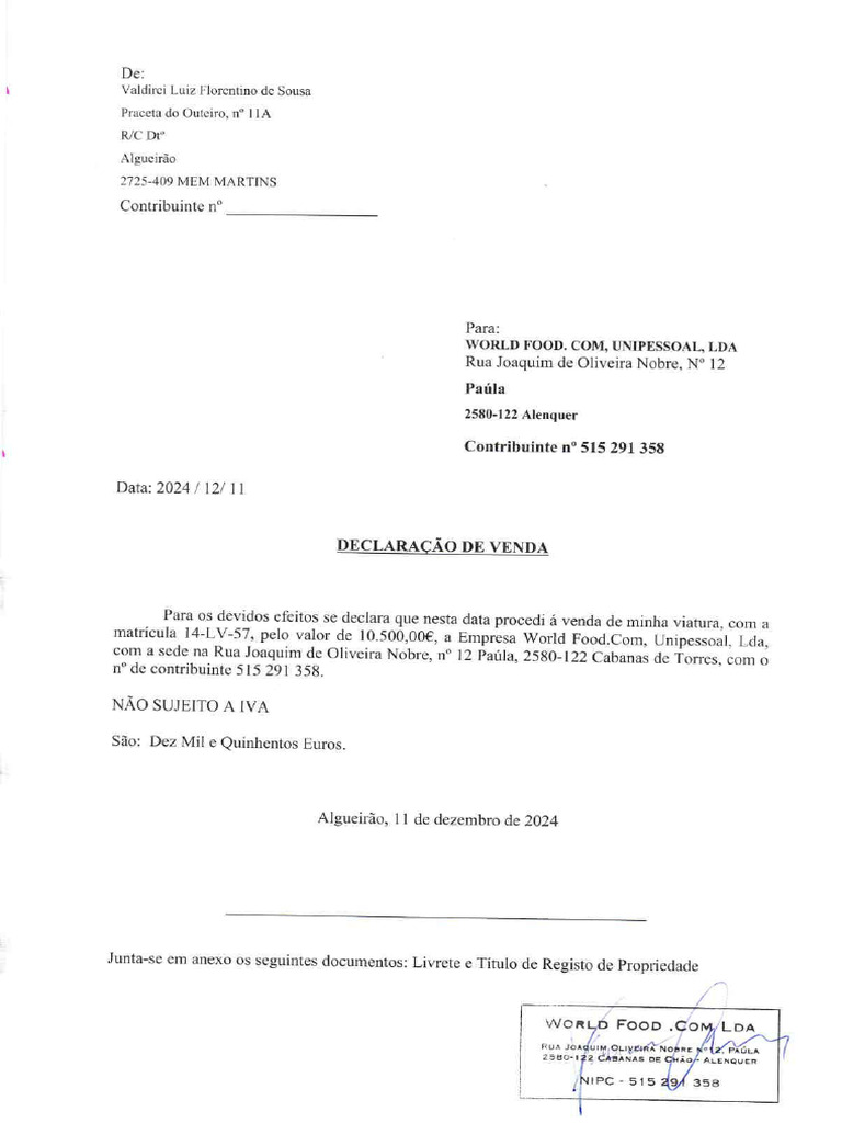 Declaração de Venda | PDF