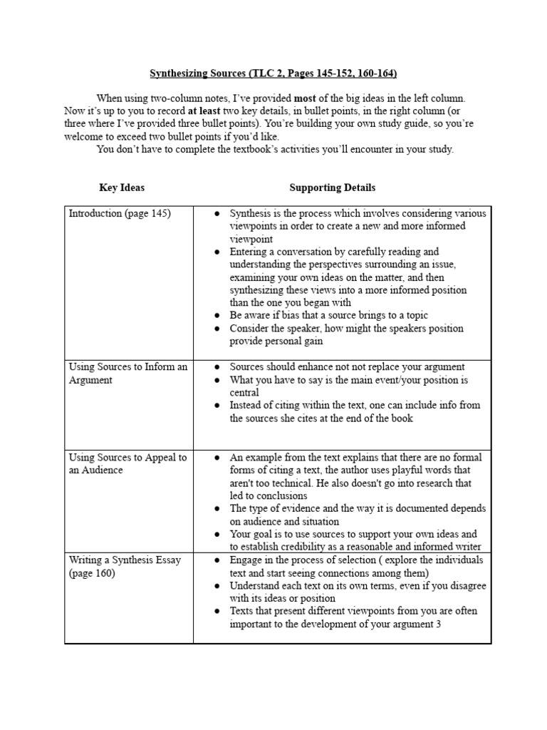 Two-Column Notes For Synthesizing Sources | PDF | Argument | Thought