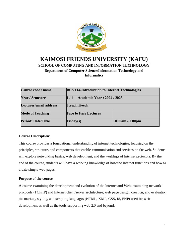 BCS 114-Introduction To Internet Technologies Course Outline | PDF ...