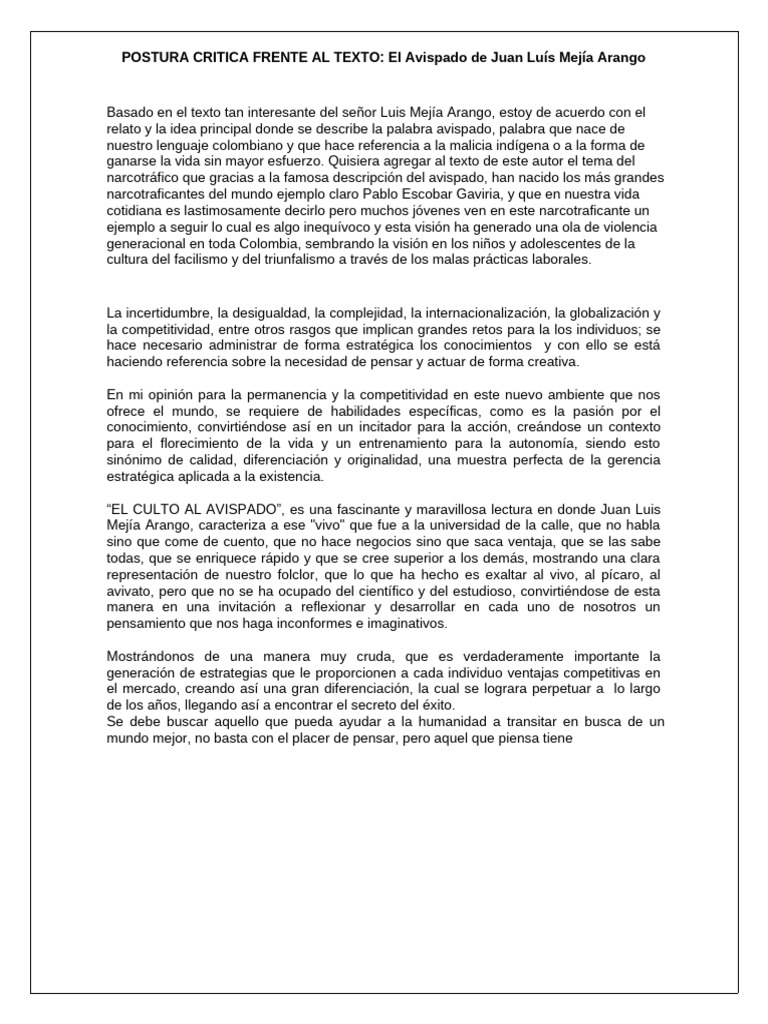 Crítica a "El Avispado" de Mejía Arango | PDF | Conocimiento | Pensamiento