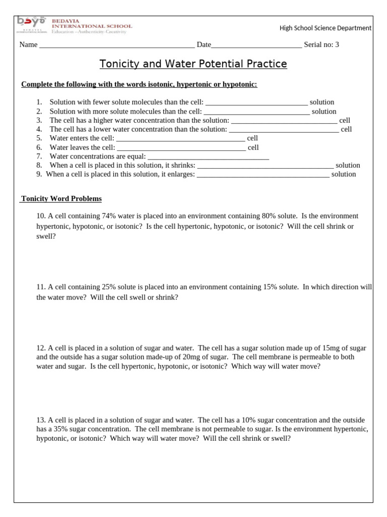 Tonicity and Water Potential Practice | PDF