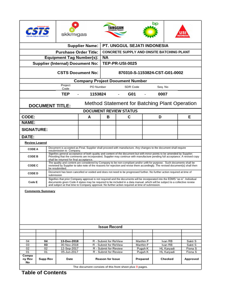 870310-S-1153824-CST-G01-0007 Method Statement For Batching Plant Operation | PDF