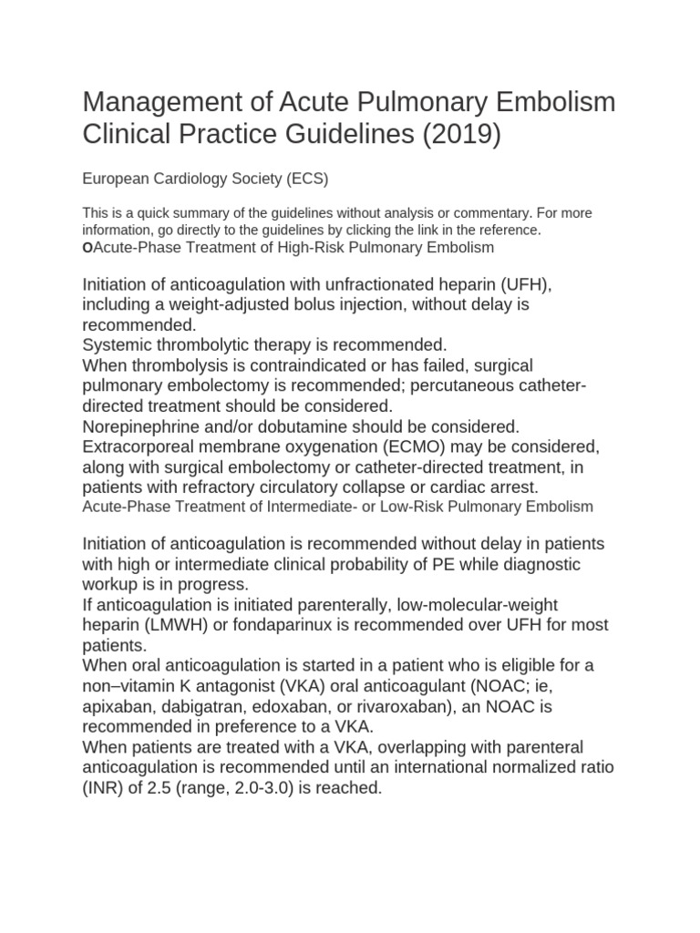 Management of Acute Pulmonary Embolism Clinical Practice Guidelines ...