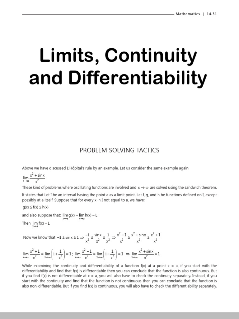 13_Limits_Continuity_and_DifferentiabilityPROBLEM_SOLVING_TACTICSFormulae | PDF | Continuous ...