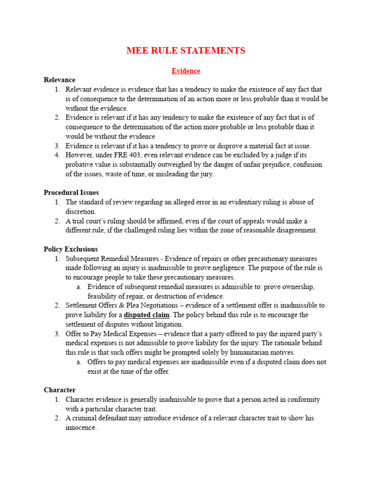 MEE Rule Statements | PDF | Evidence (Law) | Witness Impeachment