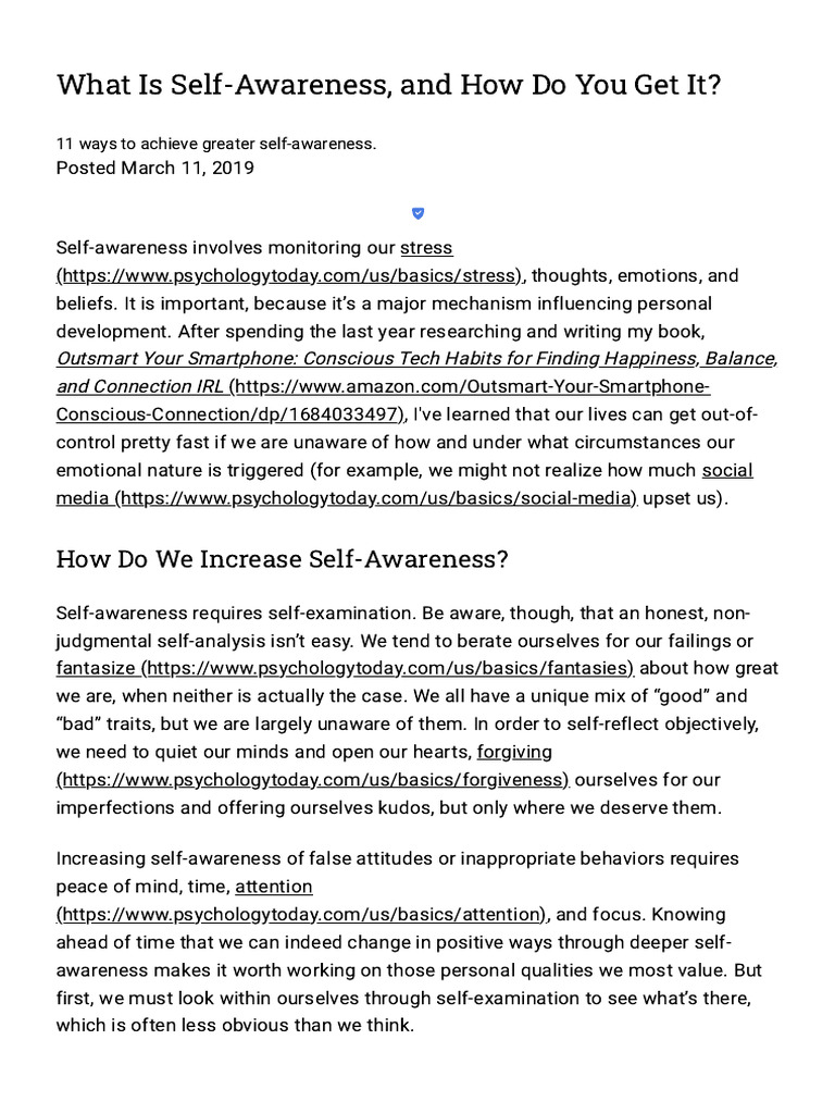 What Is Self-Awareness, and How Do You Get It - Psychology Toda | PDF | Self Awareness | Thought