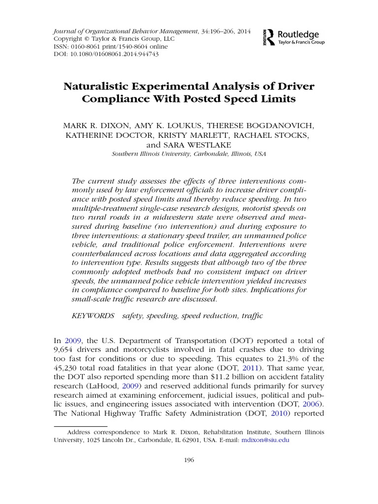Dixon et al. 2014 Single case experimental analysis speeding | PDF | Speed Limit | Traffic