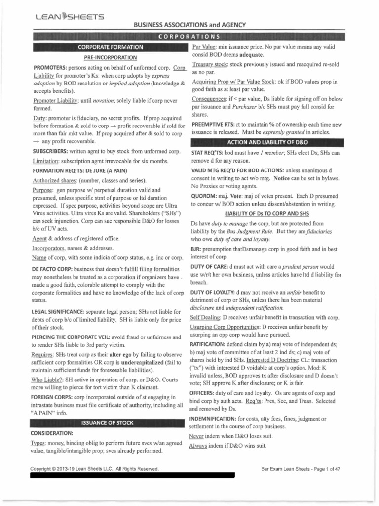 Lean Sheets | PDF | Law Of Agency | Negotiable Instrument