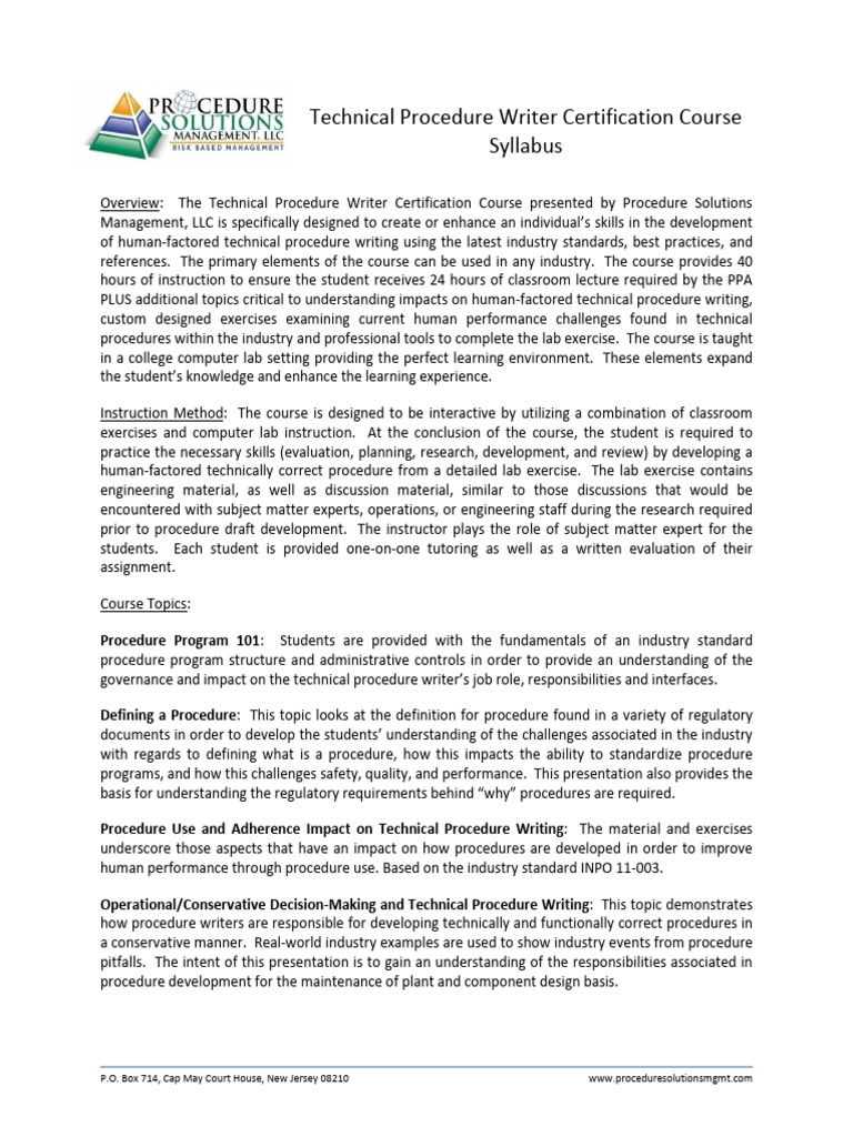PSM Technical Procedure Writer Course Summary | PDF | Expert | Learning